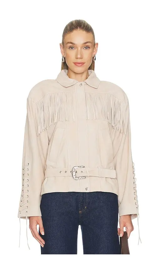 LAMARQUE Kyel Suede Jacket With Fringe And Belt - Cream