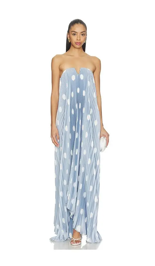 L'IDEE Black Tie Gown With Pleated Accordion Silk Textile And Polka Dot Print - Blue