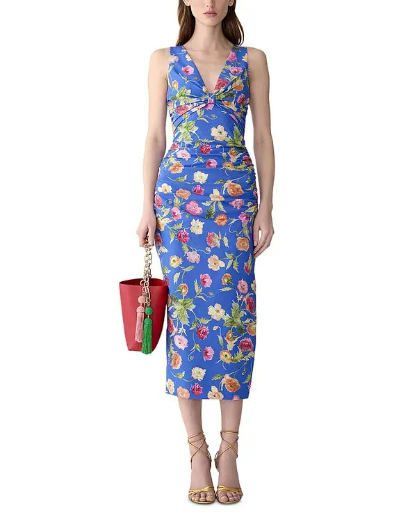 Carolina Herrera Sleeveless Gathered V-neck Floral Print Dress - Bluebell Multi