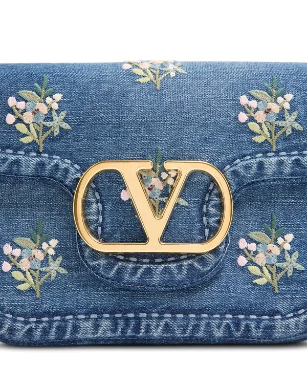 Valentino Garavani Embroidered Flower Vlogo Denim Shoulder Bag