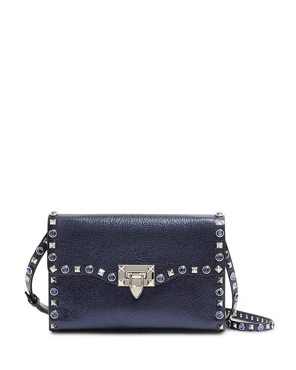 Valentino Garavani Small Rockstud & Rhinestone Leather Shoulder Bag - Navy
