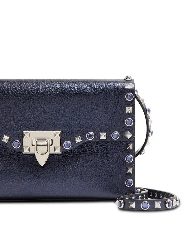 Valentino Garavani Small Rockstud & Rhinestone Leather Shoulder Bag - Navy