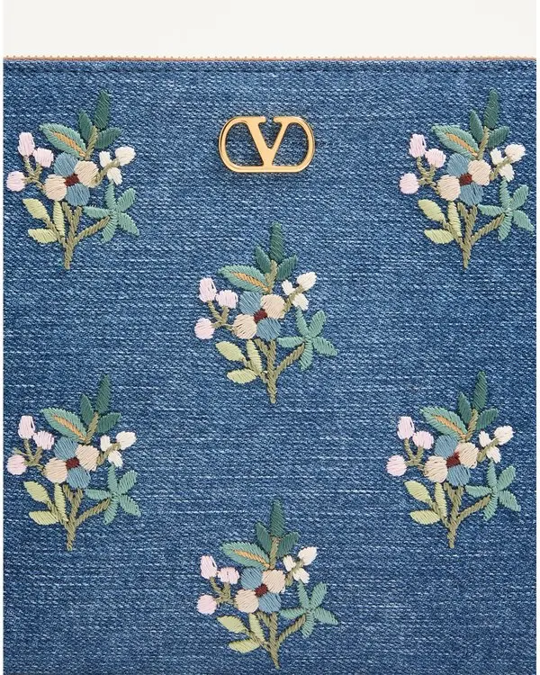 Valentino Garavani Floral Embroidered Denim Pouch - Multi