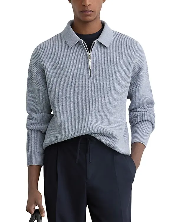 REISS Prop Long Sleeve Half Zip Ribbed Polo Shirt - Soft Blue