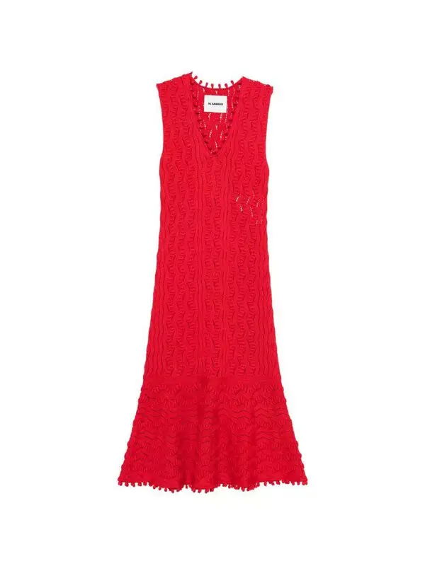 JIL SANDER Cotton Knit Dress With Pom-pom Trim