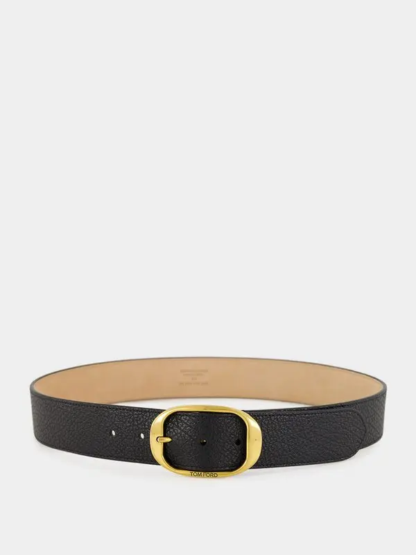 TOM FORD Grain Leather Oval Buckle Belt - Black