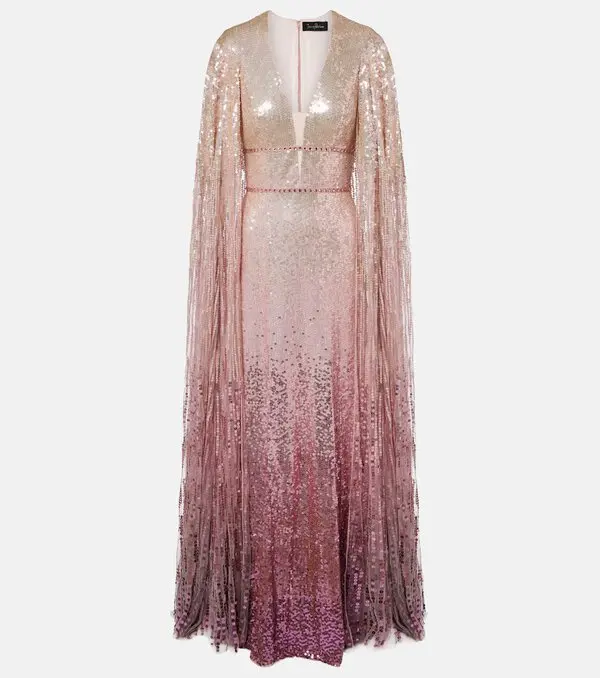 Jenny Packham Sequin Embellished Caped Gown - Pink