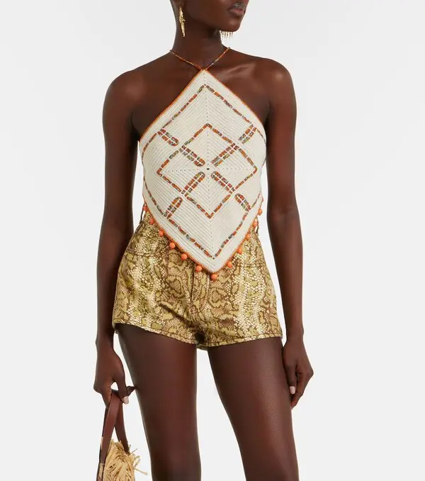 ALEMAIS Boa Snake-print Denim Shorts