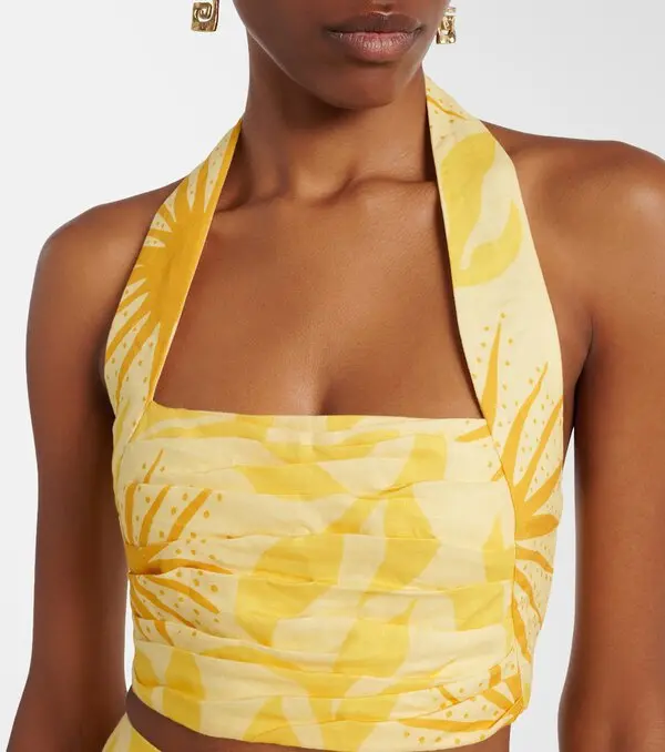 CALA DE LA CRUZ Printed Halterneck Linen Crop Top - Yellow