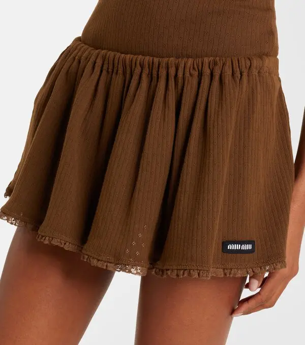 Miu Miu Lace-trimmed Pointelle Cotton Miniskirt - Brown