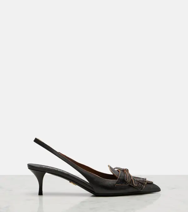 Prada Bow-detail Fringed Leather Slingback Pumps - Black