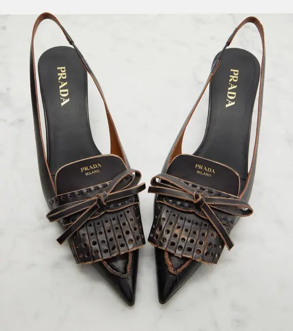 Prada Bow-detail Fringed Leather Slingback Pumps - Black
