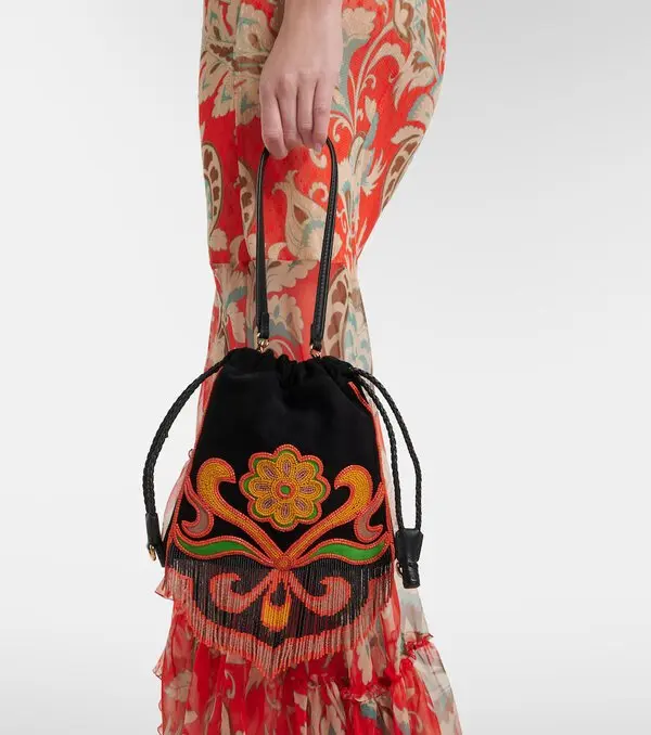 Etro Kalispera Small Beaded Suede Shoulder Bag - Black