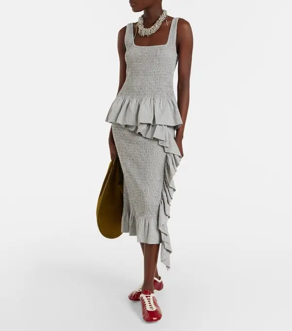Dries Van Noten Smocked Cotton Peplum Top