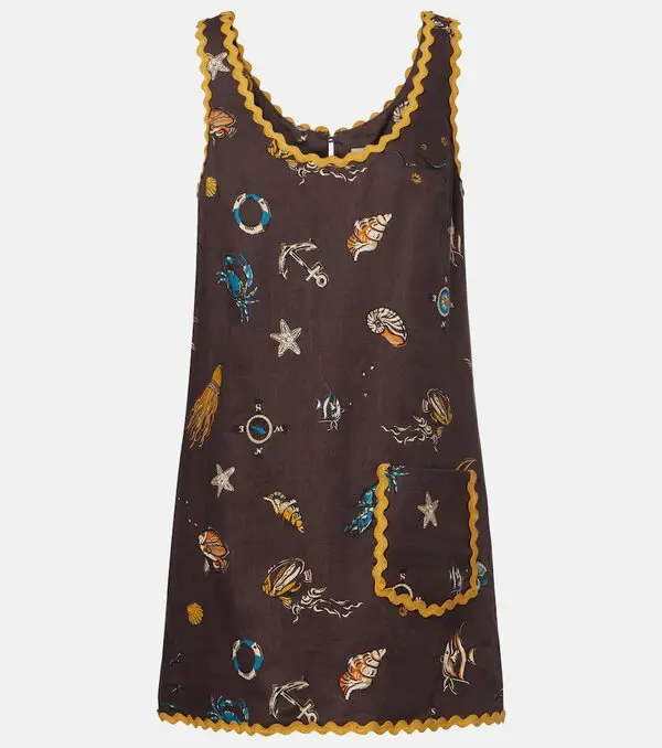 ALEMAIS Printed Scalloped Linen Minidress
