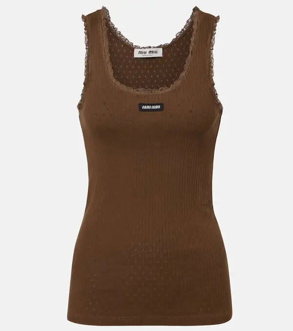 Miu Miu Lace-trimmed Pointelle Cotton Tank Top - Brown