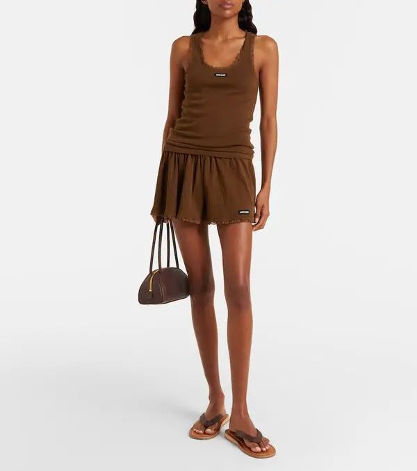 Miu Miu Lace-trimmed Pointelle Cotton Tank Top - Brown