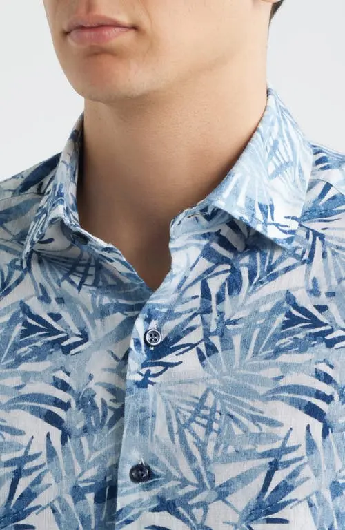 Robert Barakett Keneth Leaf Print Short Sleeve Stretch Cotton Button-up Shirt