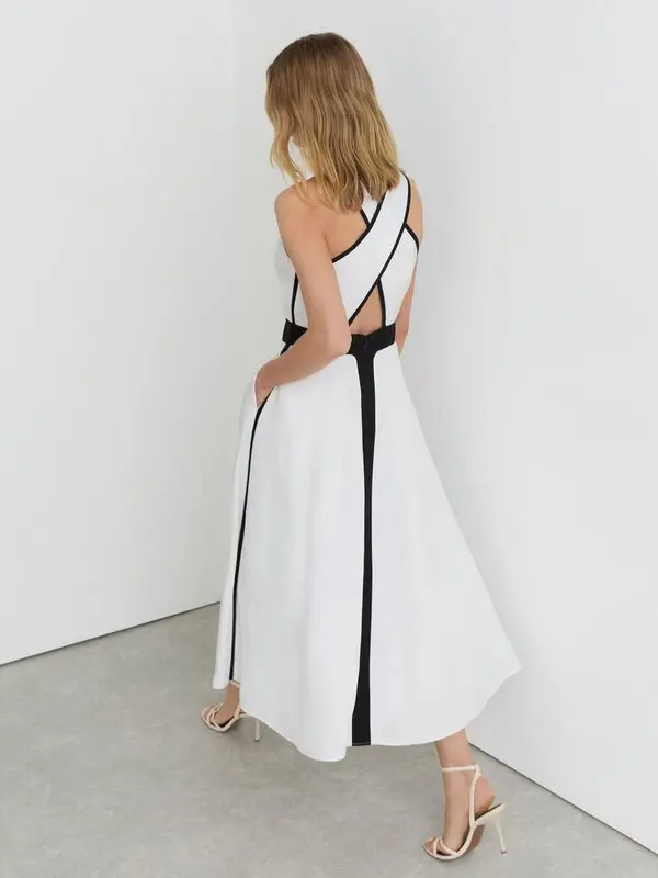 REISS Nova Petite Contrast-trim Cross-back Midi Dress With Linen