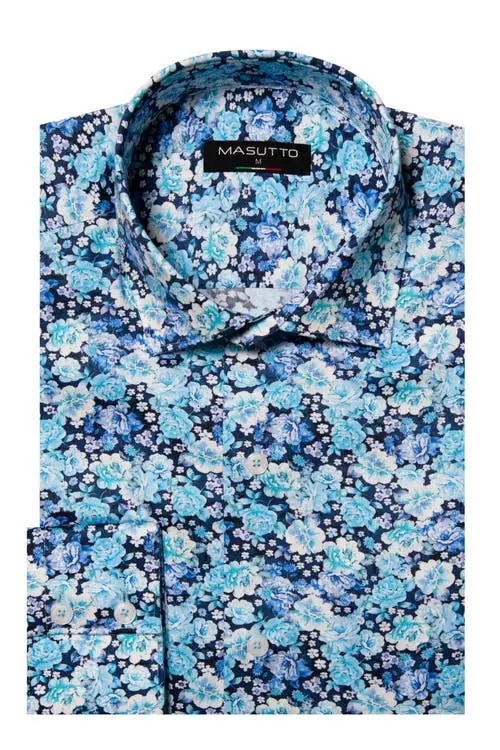 MASUTTO Johnson Multi Floral Print Button-up Long Sleeve Shirt - Navy
