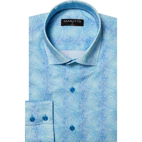 MASUTTO Faro Aqua Blue Geometric Pattern Button-up Long Sleeve Shirt