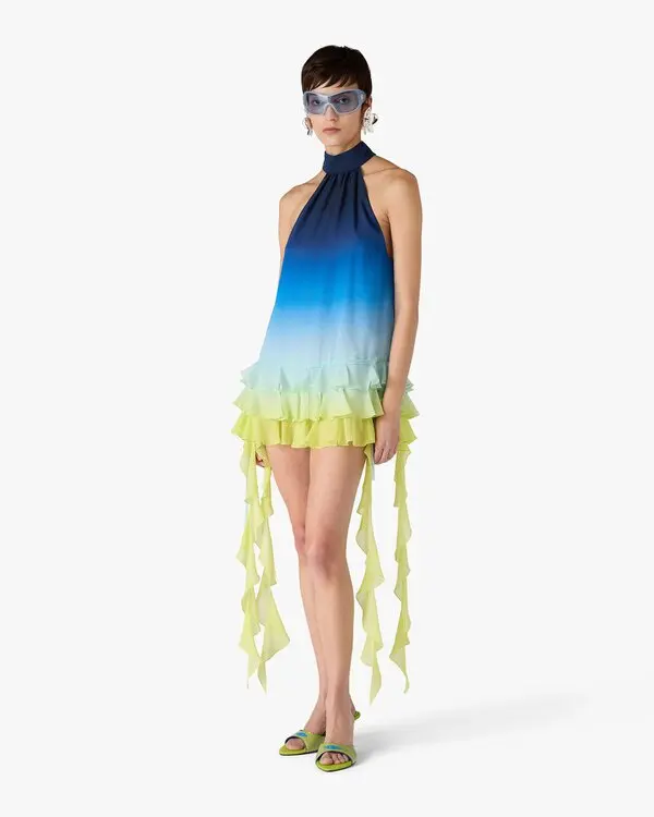 Casablanca Silk Gradient Double Georgette Ruffle Dress - Blue