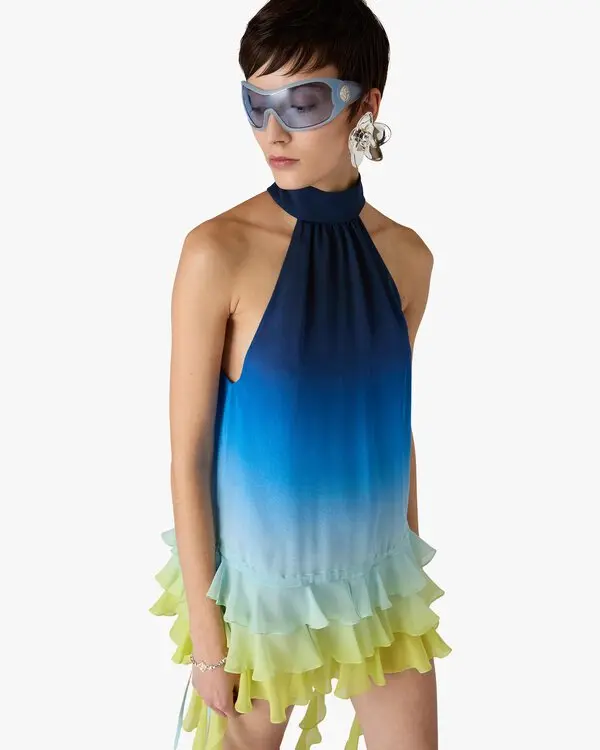 Casablanca Silk Gradient Double Georgette Ruffle Dress - Blue