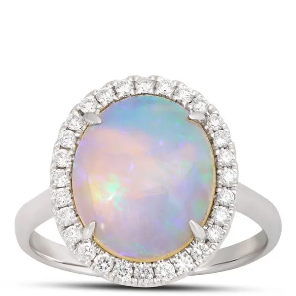 Benbridge Oval Opal Ring With Diamond Halo In 14k White Gold - Multicolored