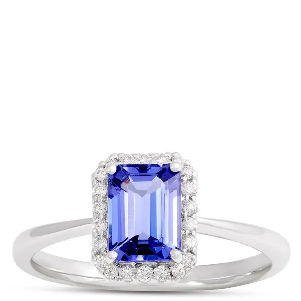 Benbridge 14k White Gold Emerald Cut Tanzanite Ring With Diamond Halo - Blue