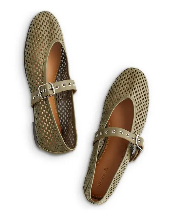 Madewell Remy Diamond Perforated Leather Mary Jane Flats - Worn Olive