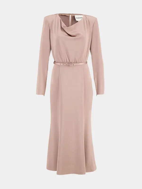 Roland Mouret Satin Crepe Midi Dress With Cowl Drape - Beige