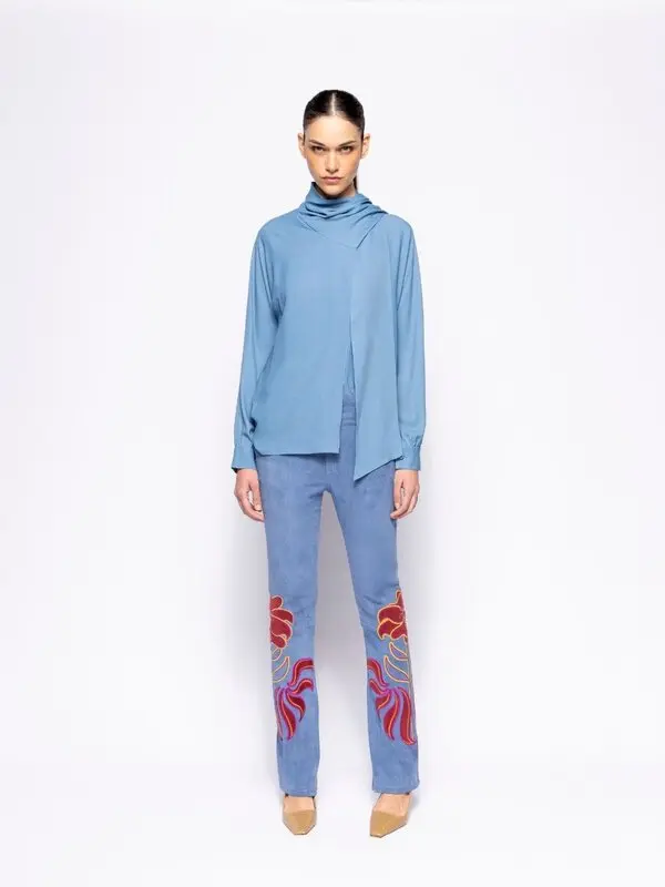PAULA Narcissus Dutch Wrap Top With Collar Tie - Blue
