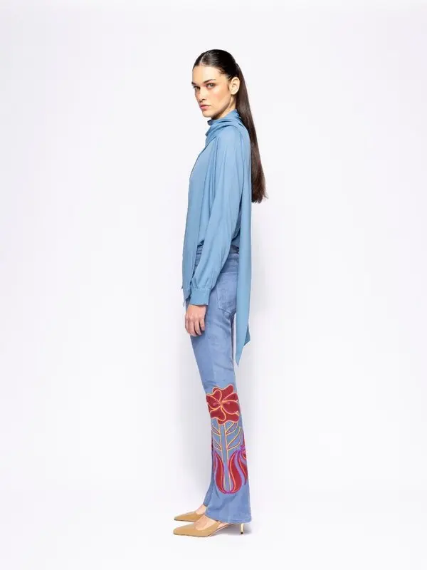 PAULA Narcissus Dutch Wrap Top With Collar Tie - Blue