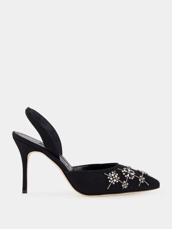 Manolo Blahnik Silk Slingback Crystal Pumps - Black