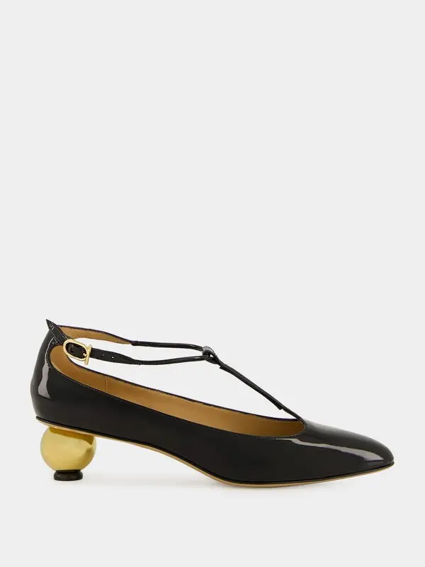 FERRAGAMO T-strap Pumps With Gold Heel - Black