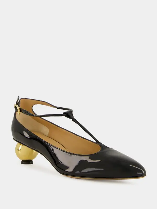 FERRAGAMO T-strap Pumps With Gold Heel - Black