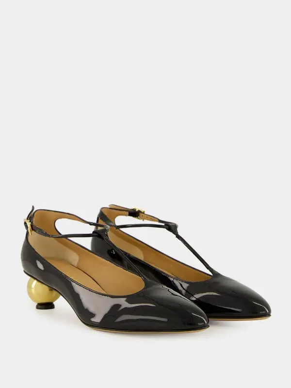 FERRAGAMO T-strap Pumps With Gold Heel - Black