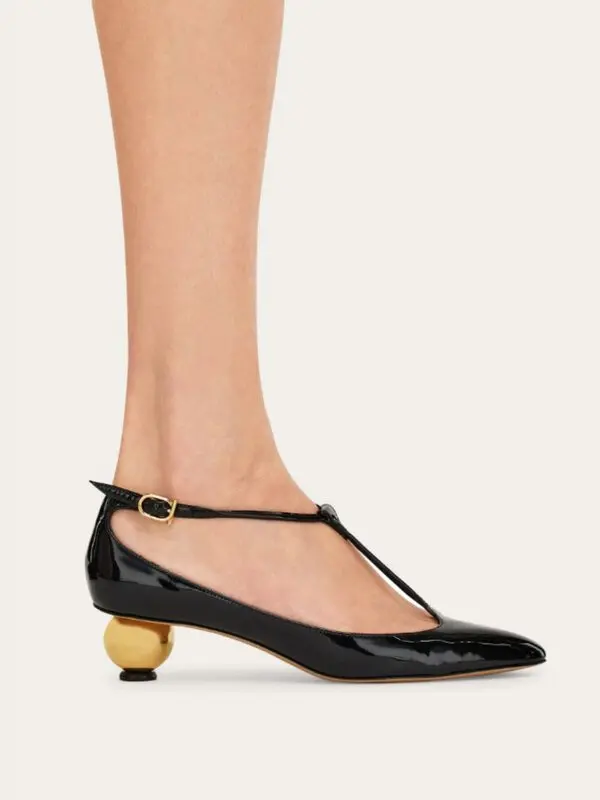 FERRAGAMO T-strap Pumps With Gold Heel - Black