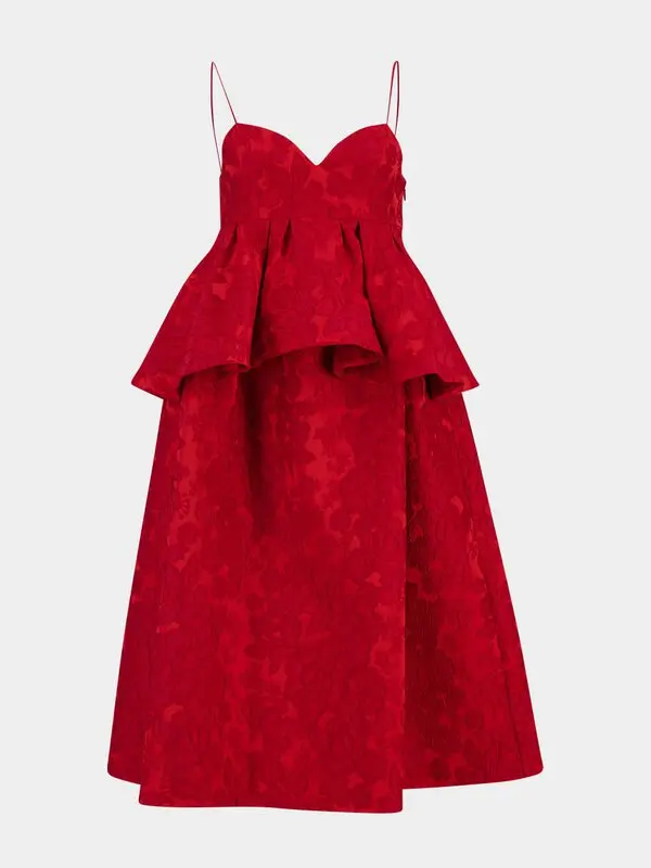 La DoubleJ Peony Satin Peplum Midi Dress - Red