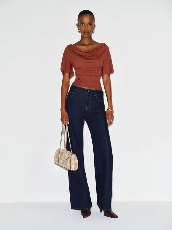 REFORMATION Demi Knit Top With Cowl Neck And Bell Sleeves - Red