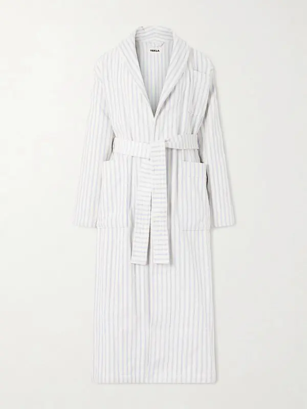 TEKLA Belted Striped Organic Cotton-terry Robe - Neutrals