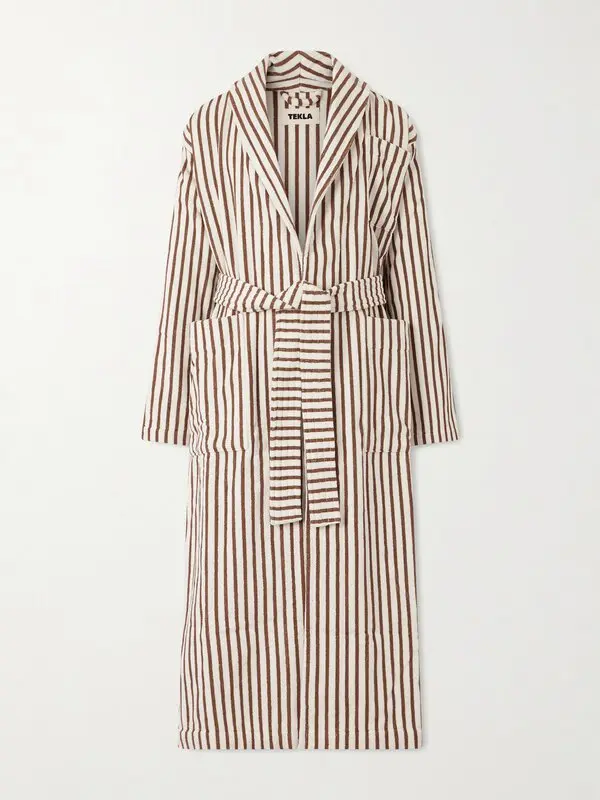 TEKLA Belted Striped Organic Cotton-terry Robe - Neutrals
