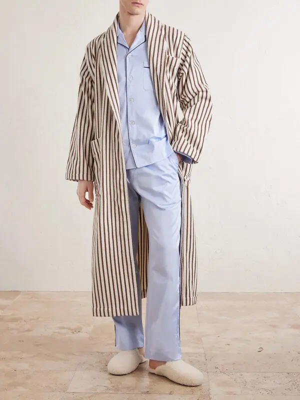 TEKLA Belted Striped Organic Cotton-terry Robe - Neutrals