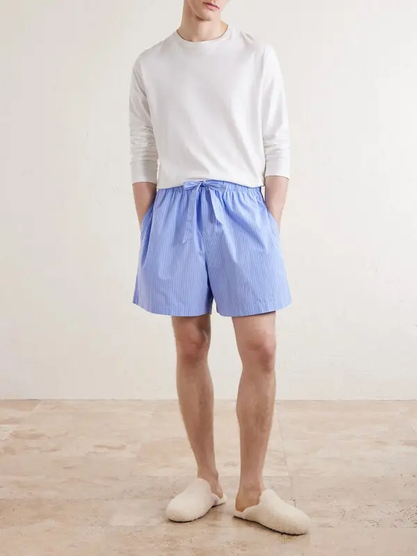TEKLA Straight-leg Striped Organic Cotton-poplin Shorts - Blue