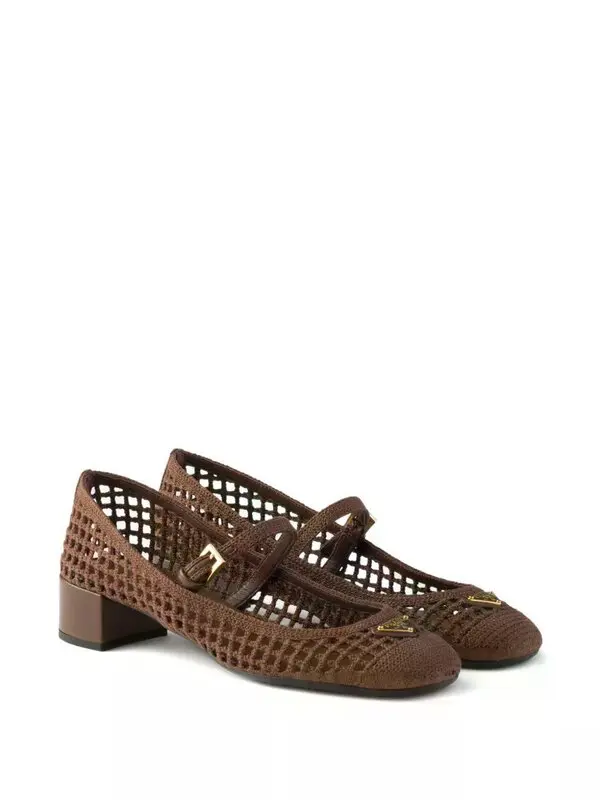 Prada Metal-buckle Crochet-effect Mary Jane Pumps - Brown