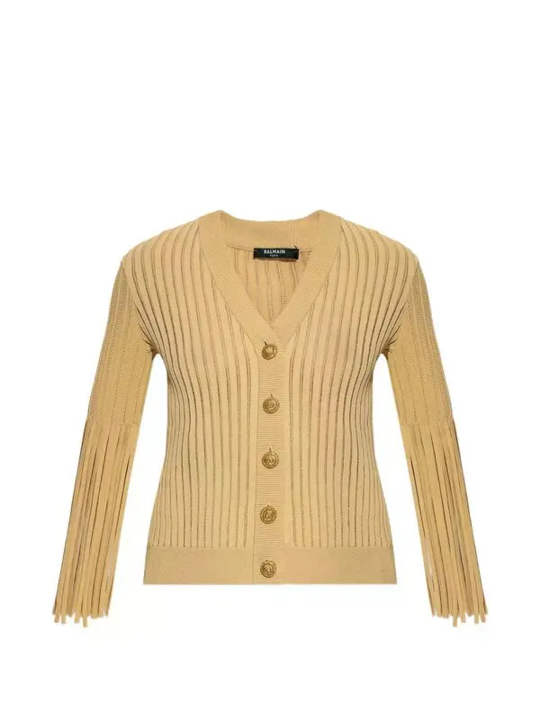 Balmain Buttoned Cardigan With Fringed Sleeves - Neutrals