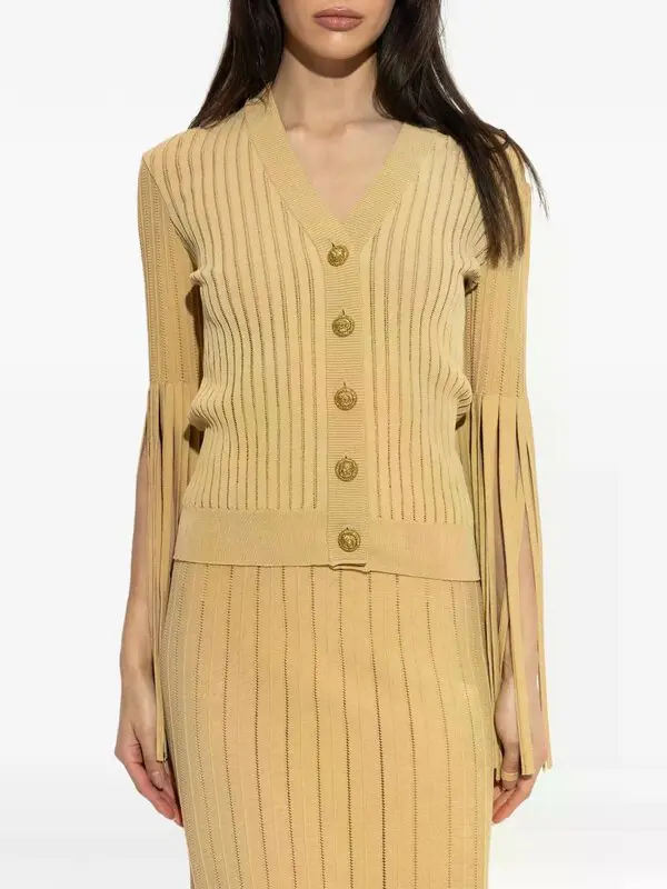 Balmain Buttoned Cardigan With Fringed Sleeves - Neutrals