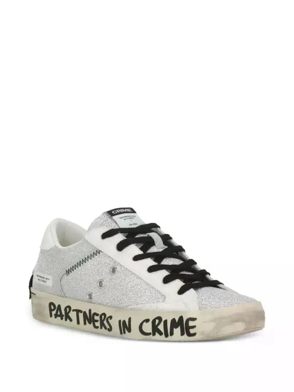 CRIME LONDON Distressed Glitter-detail Lace-up Sneakers - Silver