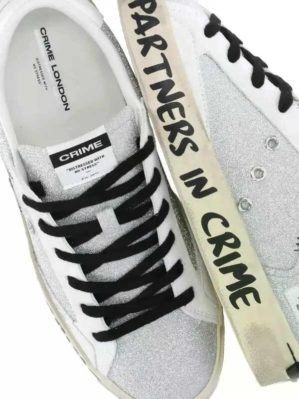 CRIME LONDON Distressed Glitter-detail Lace-up Sneakers - Silver