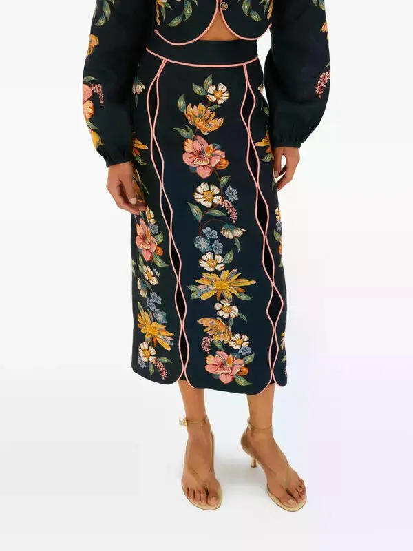 Farm Rio Floral-embroidered Midi Skirt - Blue